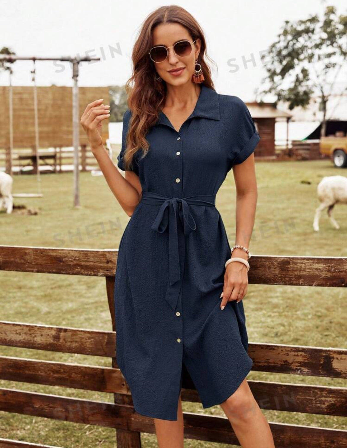 Navy Blue EMERY ROSE Solid Button Front Belted Shirt Dress(S1)(M1)(L1 ...