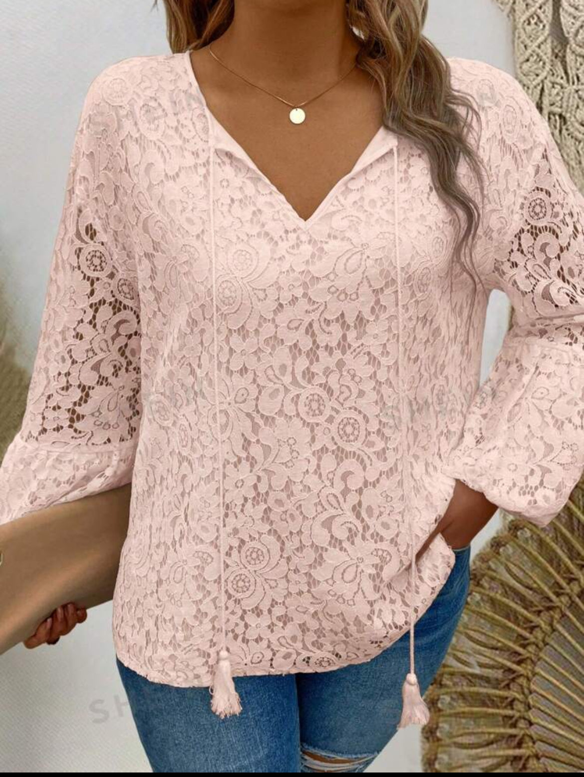 Pink Plus Size Lace Fringe Detail Lantern Sleeve Blouse – Shopping Queen